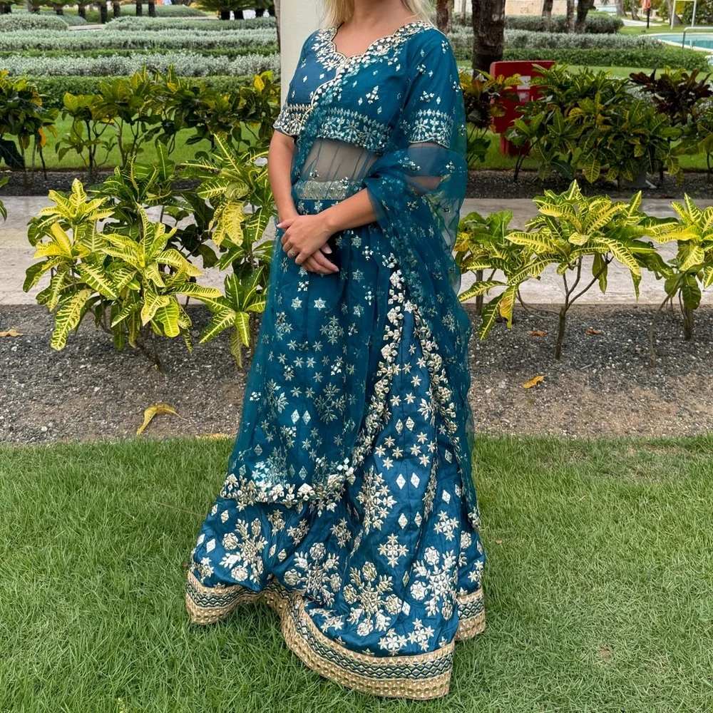 Lehengas | Elegant Dark Teal And Gold Embroidered Lehenga | Poshmark